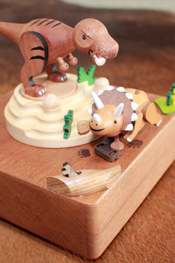 Dinosaur World Moving Wooden Music Box | T-Rex Chasing A Triceratops